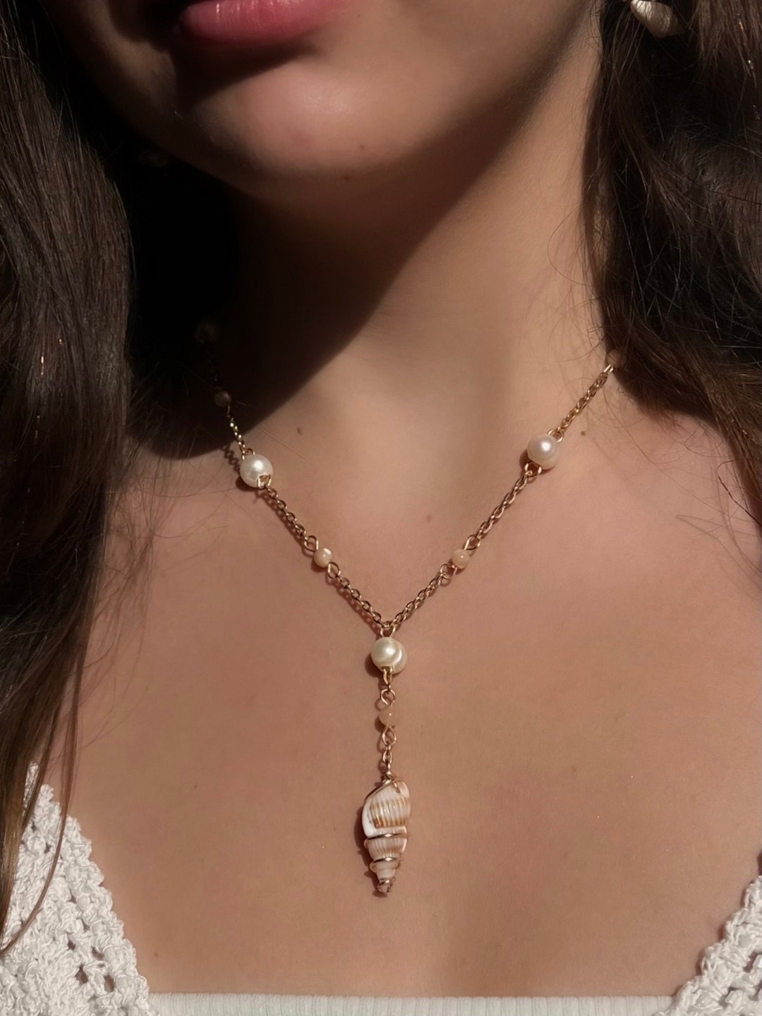 Handmade Athena Seashell Pearl Necklace and Earrings | Beachy Dainty ...