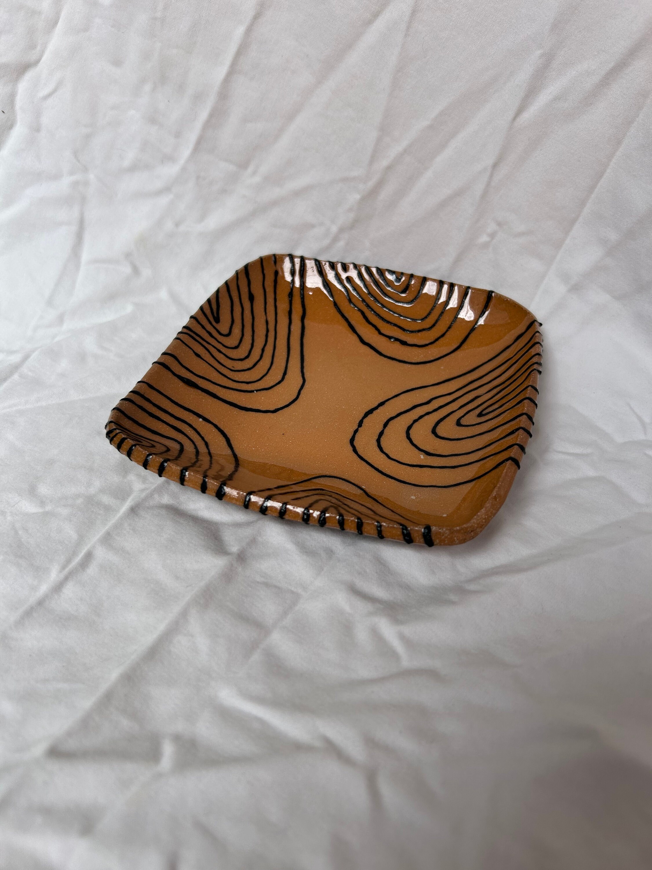 Square Ceramic Swirls Terracotta Dish Lines Glazed Red Clay Pottery ...