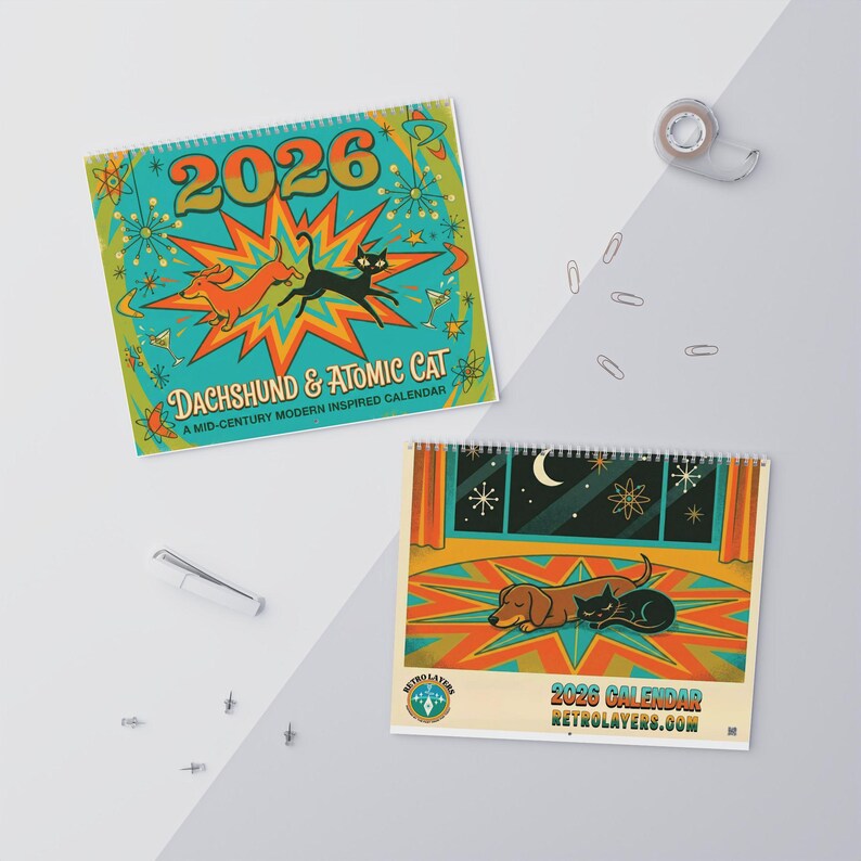 Mid Century Modern Dachshund & Atomic Cat Wall Calendar 2026 ...