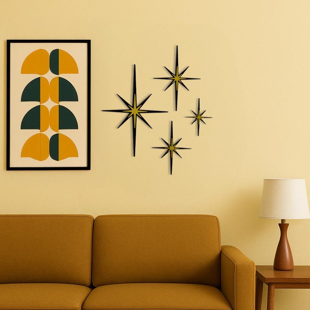 Mid Century Modern Elongated Starbursts Two Tone Wall Decor Set of 4 ...