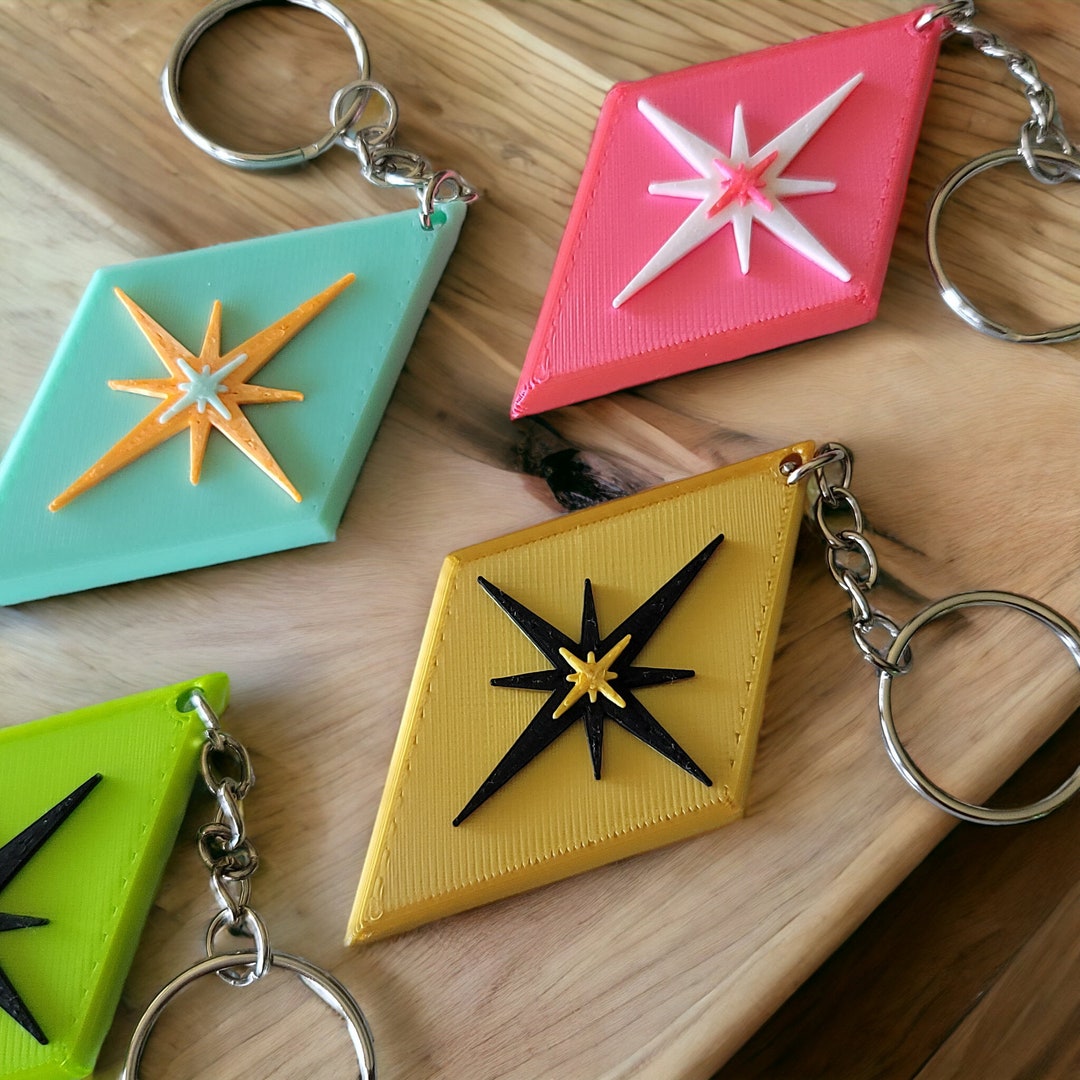 Retro Mid Century Modern Diamond Starburst Keychain Nostalgic Keyring ...