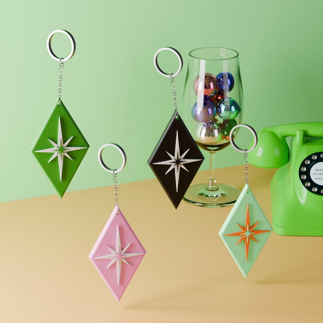 Retro Mid Century Modern Diamond Starburst Keychain Nostalgic Keyring ...