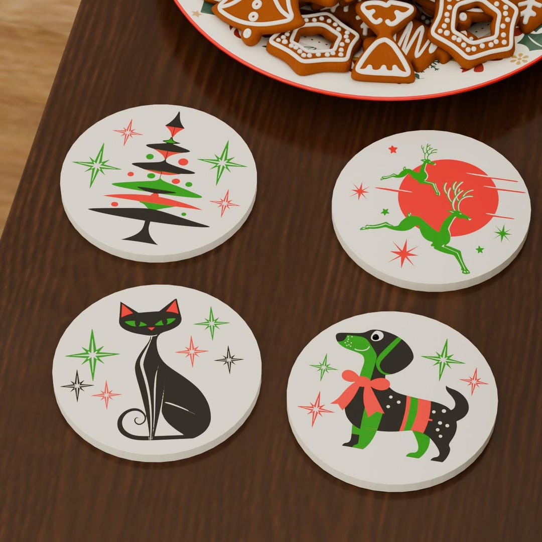 Retro Mid Century Modern Atomic Cat and Dog Christmas Coaster Set of 4 ...