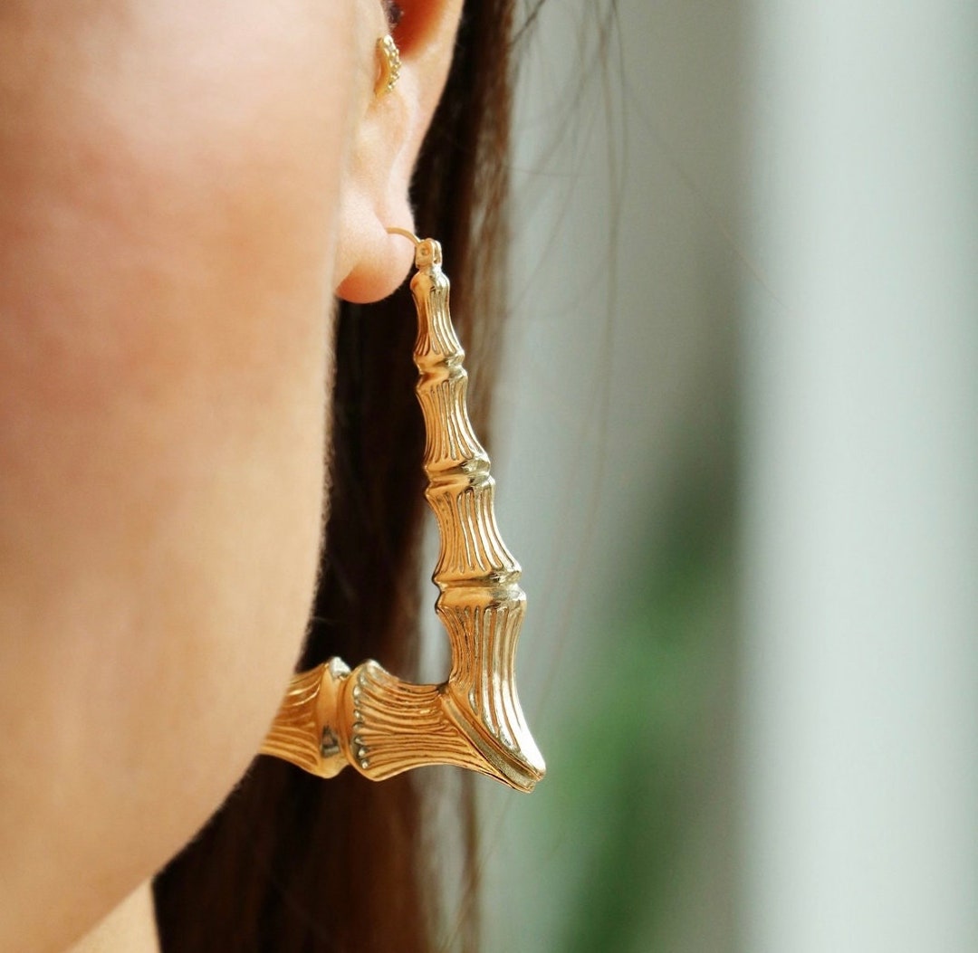 10k Yellow Gold Rectangular Bamboo Hoop Earrings 2 2.4 - Etsy