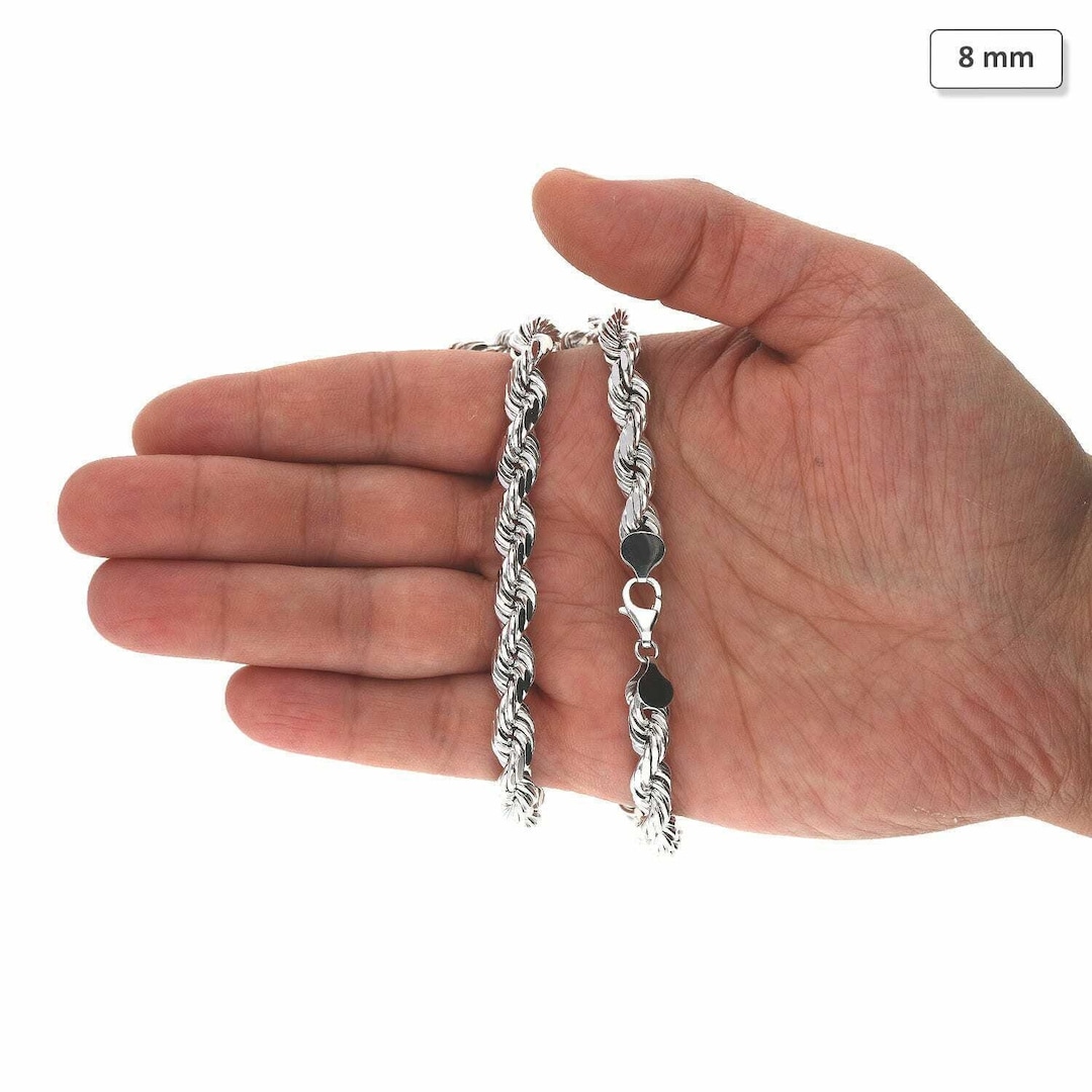 14K Solid White Gold 8mm Diamond Cut Rope Chain Necklace 20" 22" 24" 26 ...