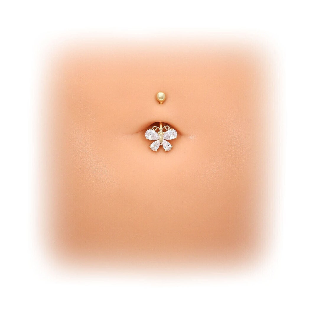 14k Yellow Gold Butterfly Belly Button Ring Body Jewelry - Etsy