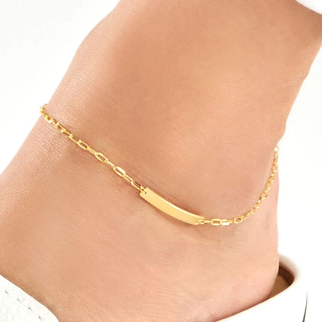 Engravable 14K Real Gold Personalized Paperclip Chain ID Ankle Bracelet ...