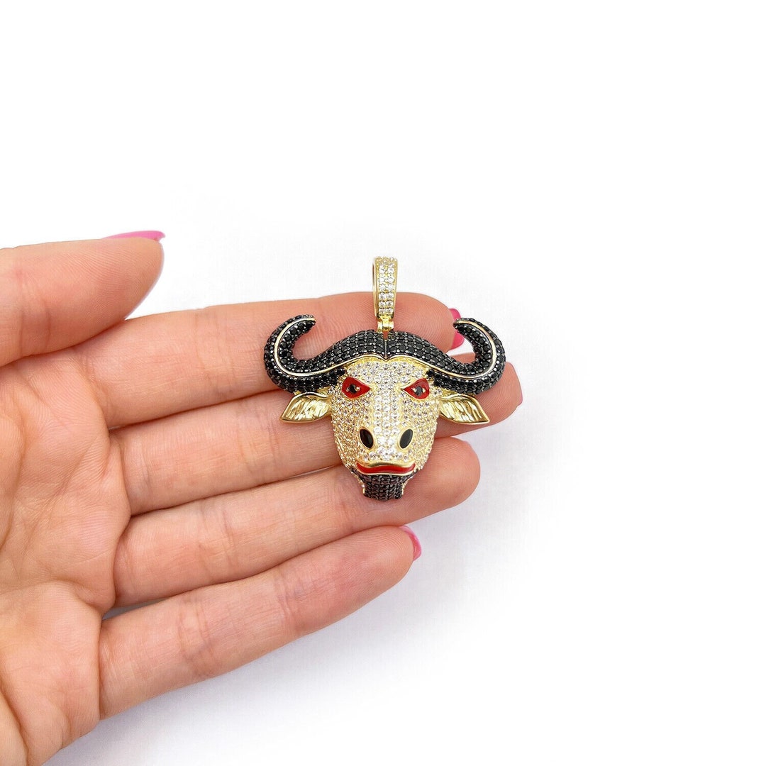 14K Yellow Gold Cubic Zirconia Red Eyes Bull Buffalo Pendant 1.6 - Etsy
