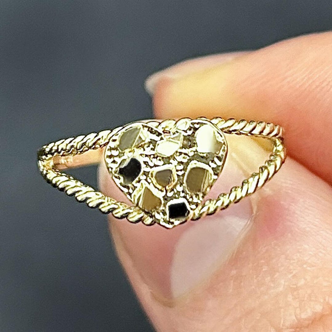 10K Real Gold Nugget Heart Split Shank Twisted Rope Ring - Etsy