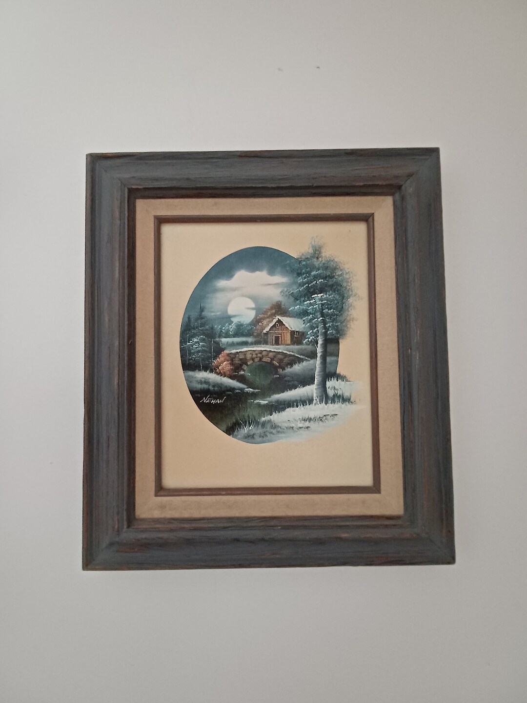 Vintage 1970s 15" Nathan Original Winter Scene Oil Painting on Canvas W ...