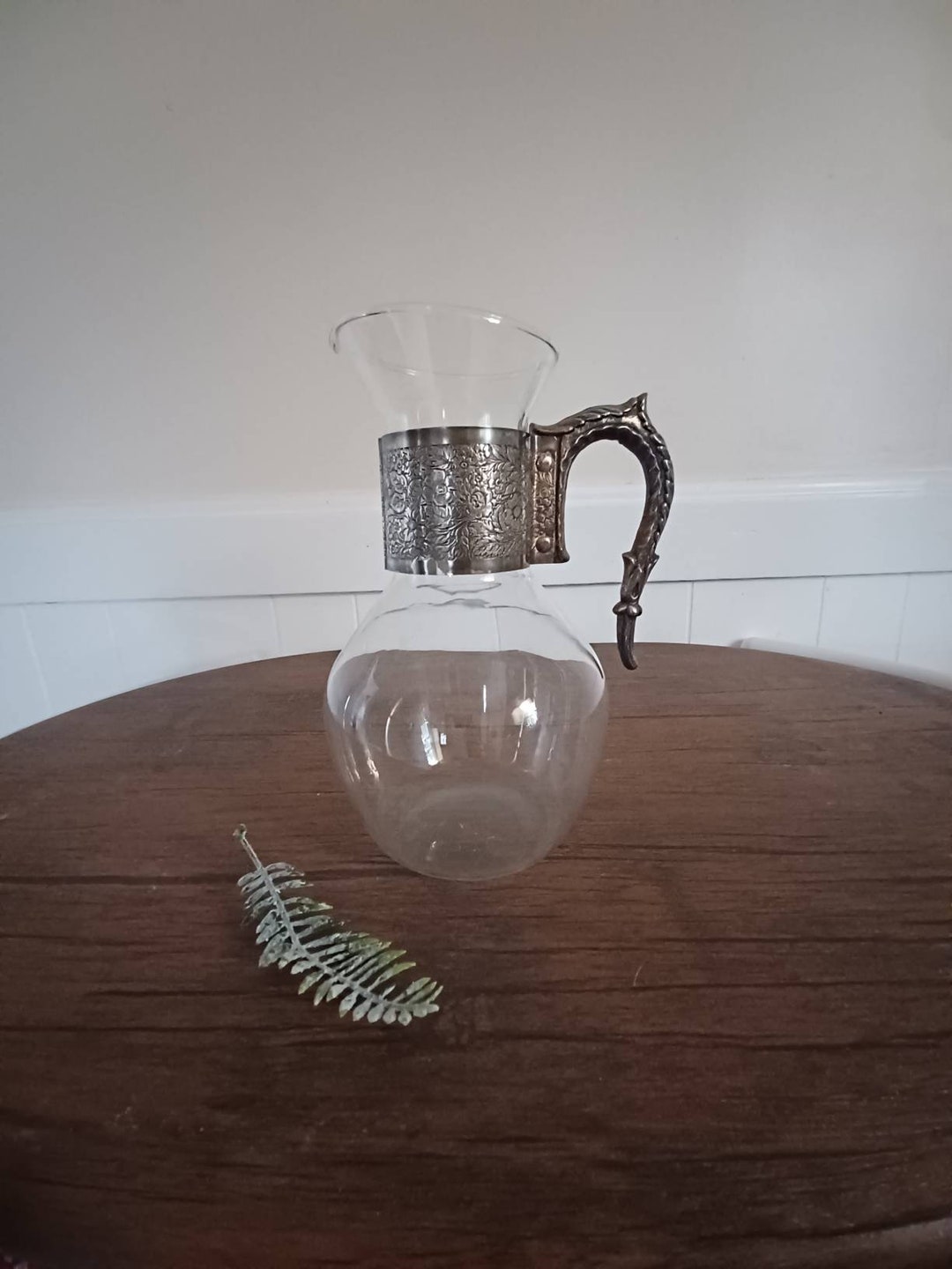 Vintage 1960s Corning Brand Glass Pitcher W Decorative Pewter Silver ...