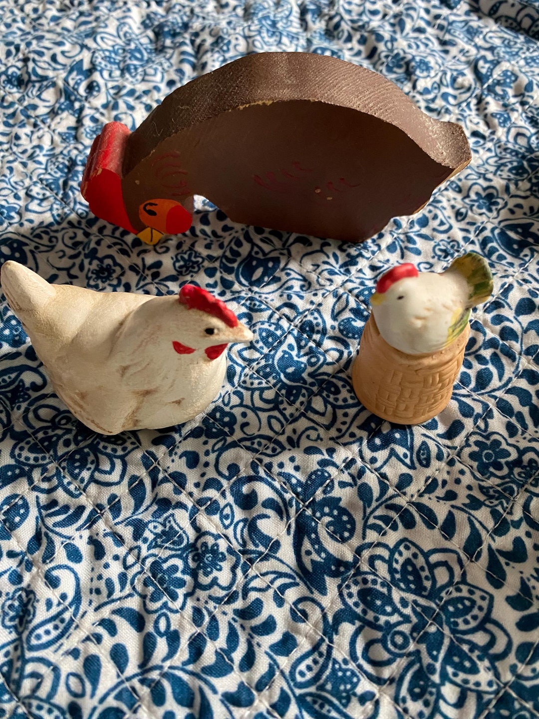 Trio of Vintage Chicken Decor - Ceramic - Wood Shelf Sitter - Farmhouse ...