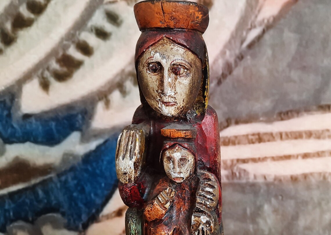 Zeldzaam Romaans Houten Beeldje Van De Heilige Maagd En Christus ...