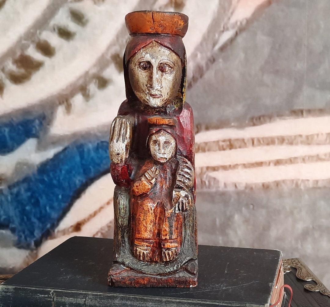 Zeldzaam Romaans Houten Beeldje Van De Heilige Maagd En Christus ...