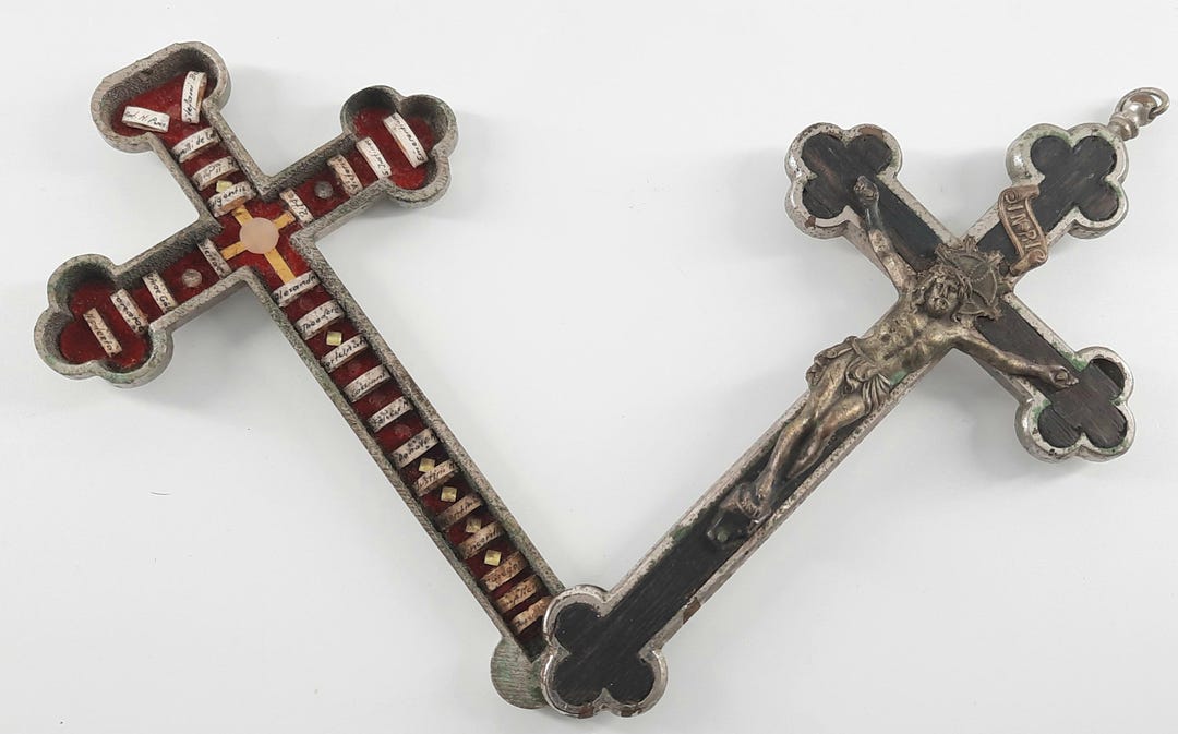 Antique Catholic Reliquary Cross Pendant, Big 6", Unrestored, 25 Saints ...