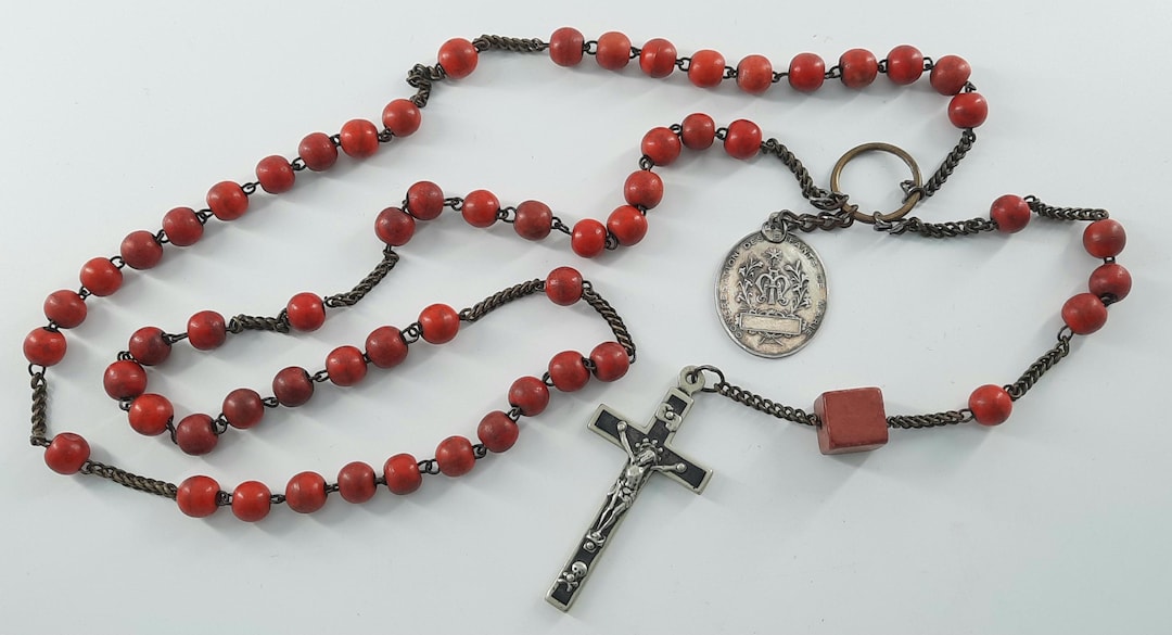 Antique French Rosary: Nuns Habit, Red Wooden Beads & Rare Medal - Etsy