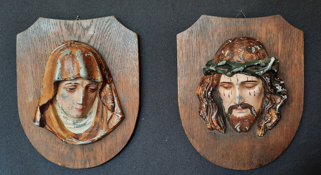 Antique Hand-painted Catholic Icon Wall Panels, Metal and Wood, Mother ...