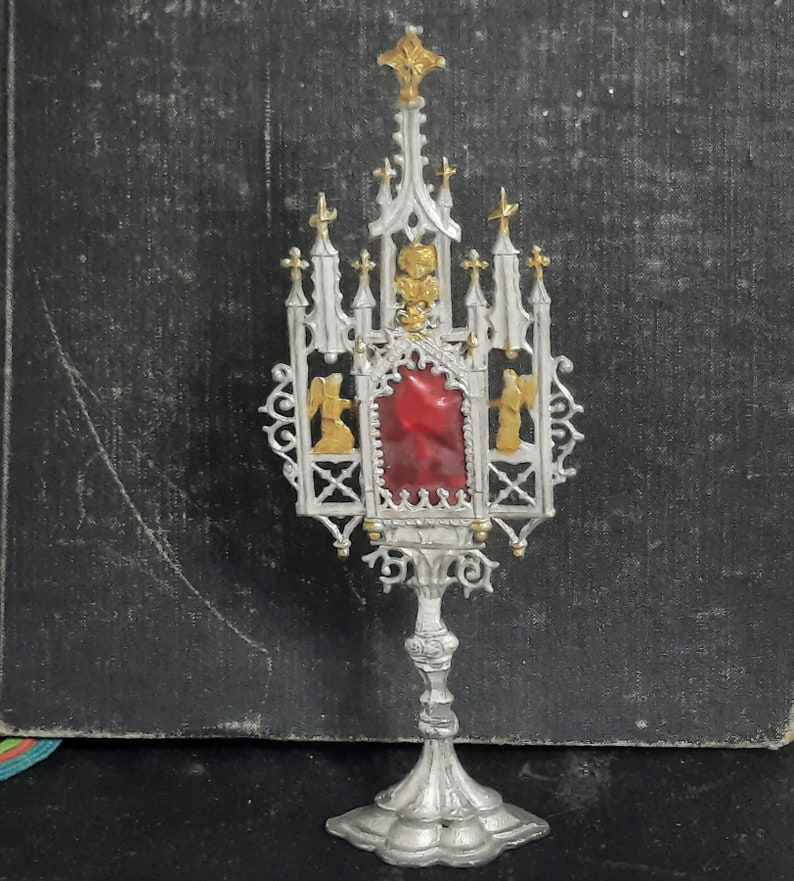 Religieus Antiek Frans Miniatuur Monstrance Verzilverd Tin Ostensorium ...