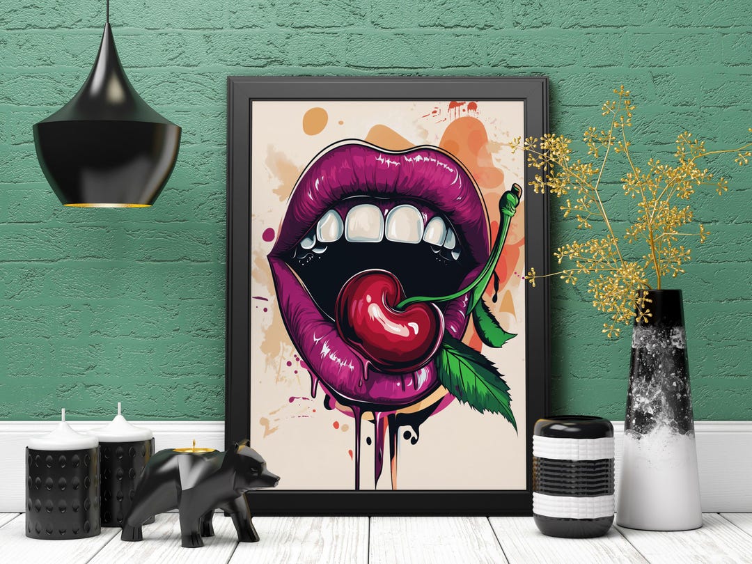 Graffiti-style Lips Biting a Cherry Digital Art Vector Tattoo-inspired ...