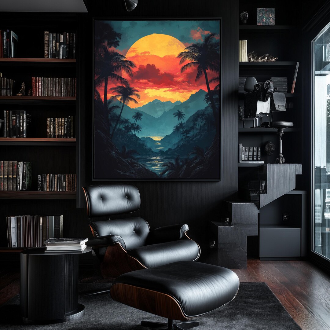 Vintage 1970s Sunset Digital Wall Art - Retro Palm Trees & Mountains ...