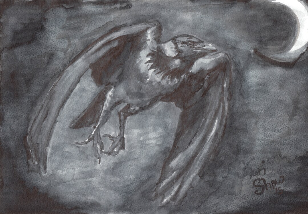 Crow Flying Moonlight, Hooded Crow Ink Painting, Ink Painting of a Crow ...