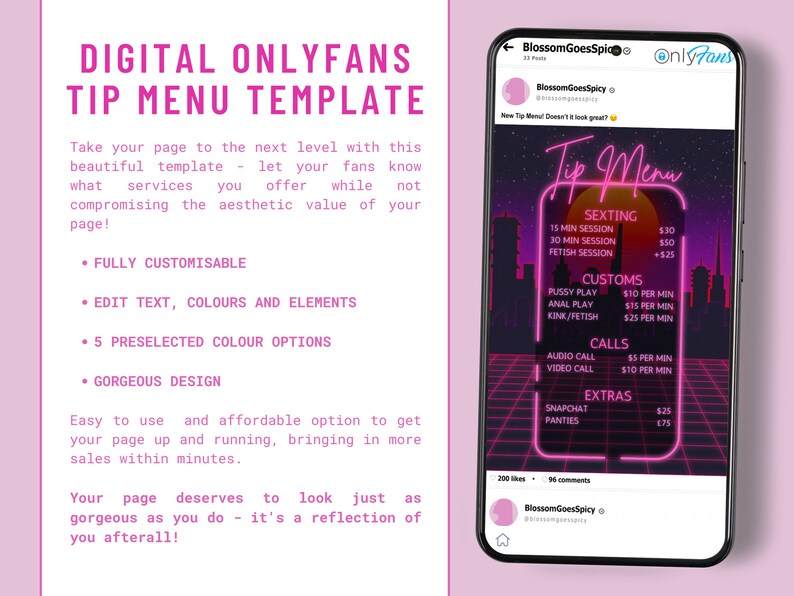 Easy to Edit Onlyfans Tip Menu Template for Fansly, Adult Content Fan ...