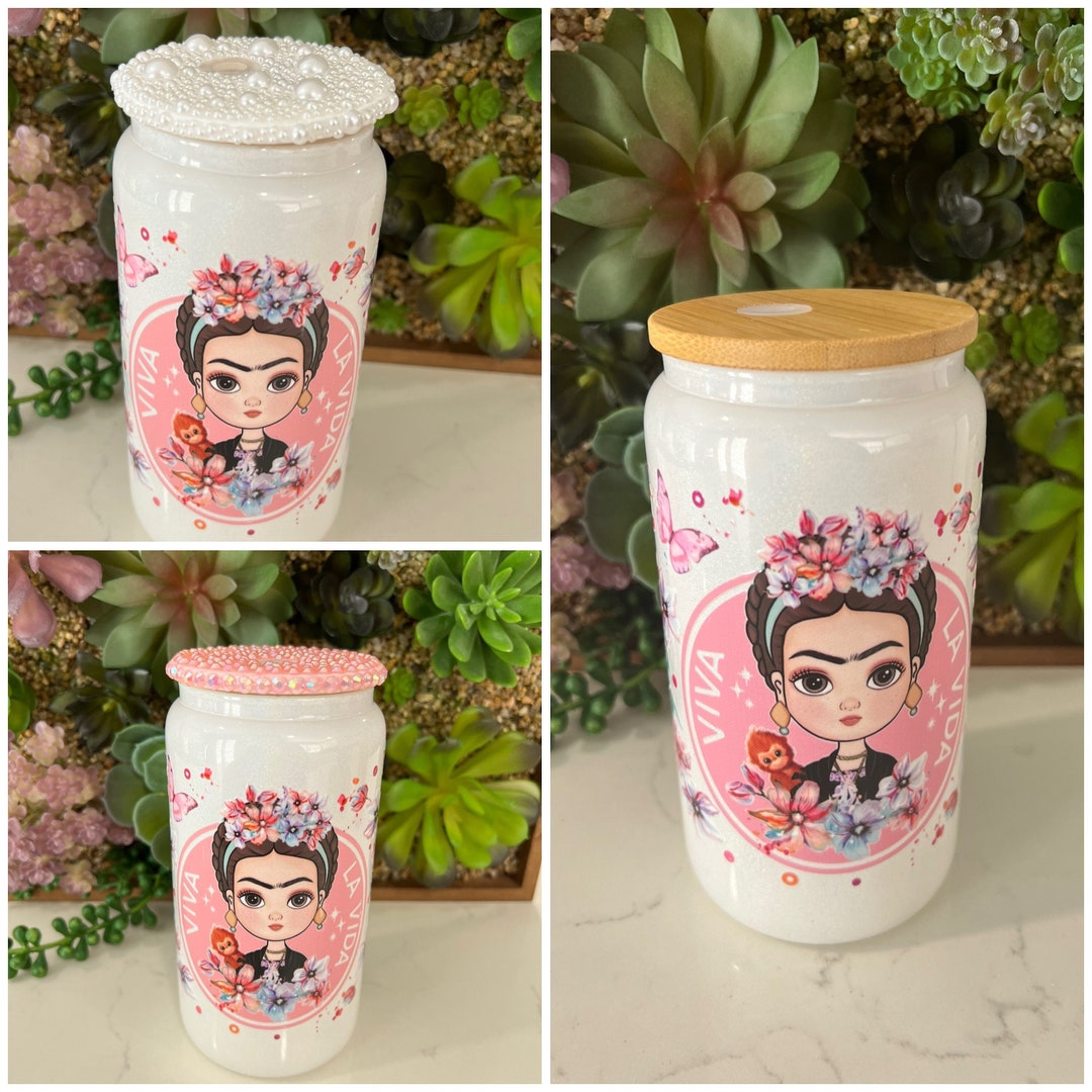 Pearl White Frida Kahlo Glass Can Tumbler 16 OZ With Bamboo Lid and ...
