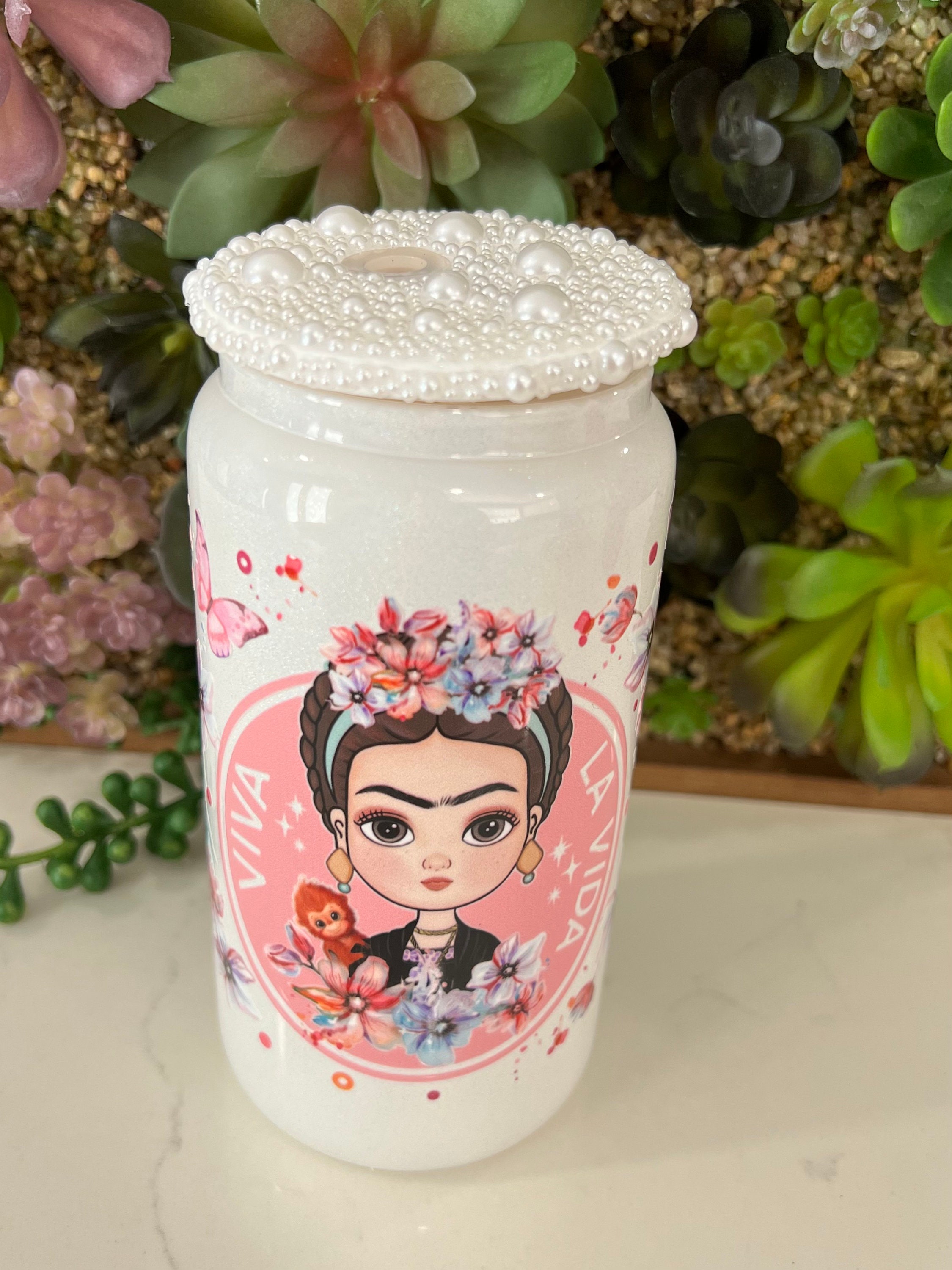 Pearl White Frida Kahlo Glass Can Tumbler 16 OZ With Bamboo - Etsy