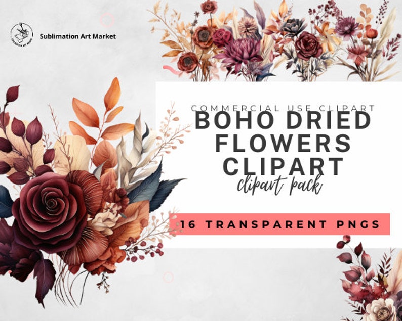 16 Boho Dried Flower Clipart Bundle, Watercolor Flower Clipart, Floral ...