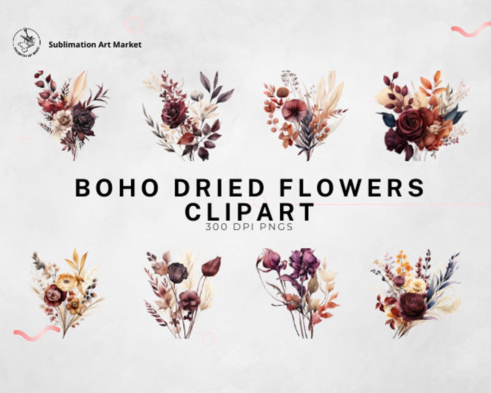 16 Boho Dried Flower Clipart Bundle, Watercolor Flower Clipart, Floral ...