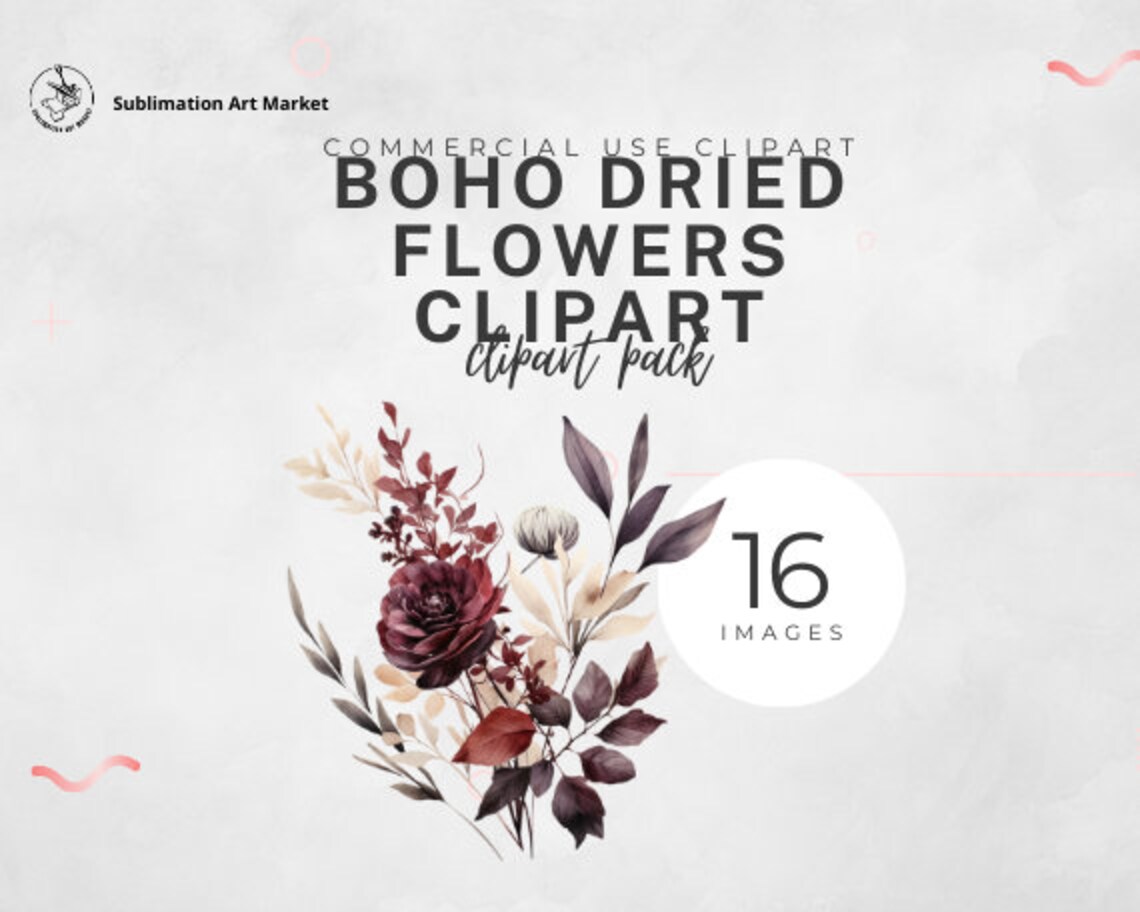 16 Boho Dried Flower Clipart Bundle, Watercolor Flower Clipart, Floral ...