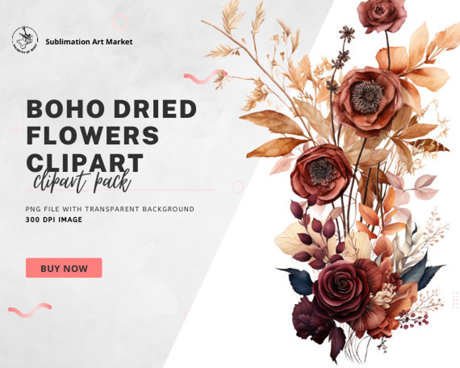 16 Boho Dried Flower Clipart Bundle, Watercolor Flower Clipart, Floral ...