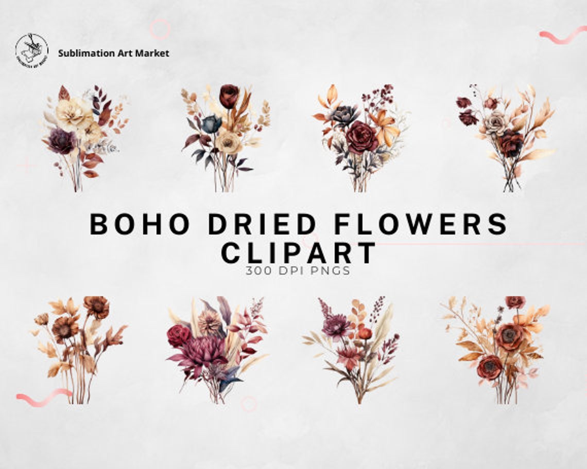 16 Boho Dried Flower Clipart Bundle, Watercolor Flower Clipart, Floral ...
