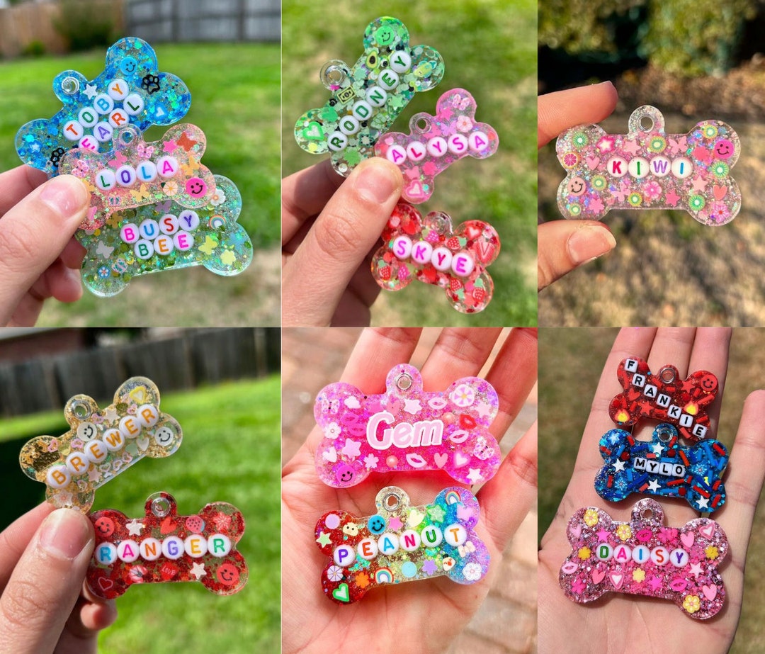 CUSTOM RAINBOW Beaded Resin Tag Personalize Letter Bead Custom Dog Tag ...