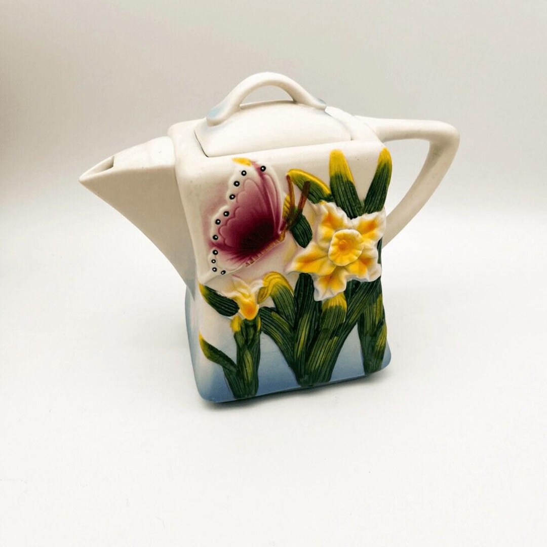 Vintage Bisque Ceramic Butterfly Garden Teapot Squared Shape Handled ...