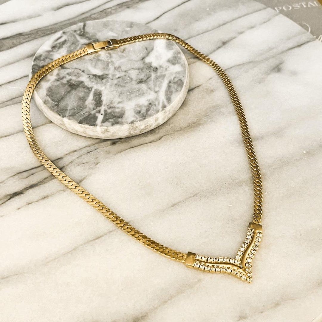 Vintage Crystal Station Necklace Clear Pave Chevron Collar Gold Tone ...