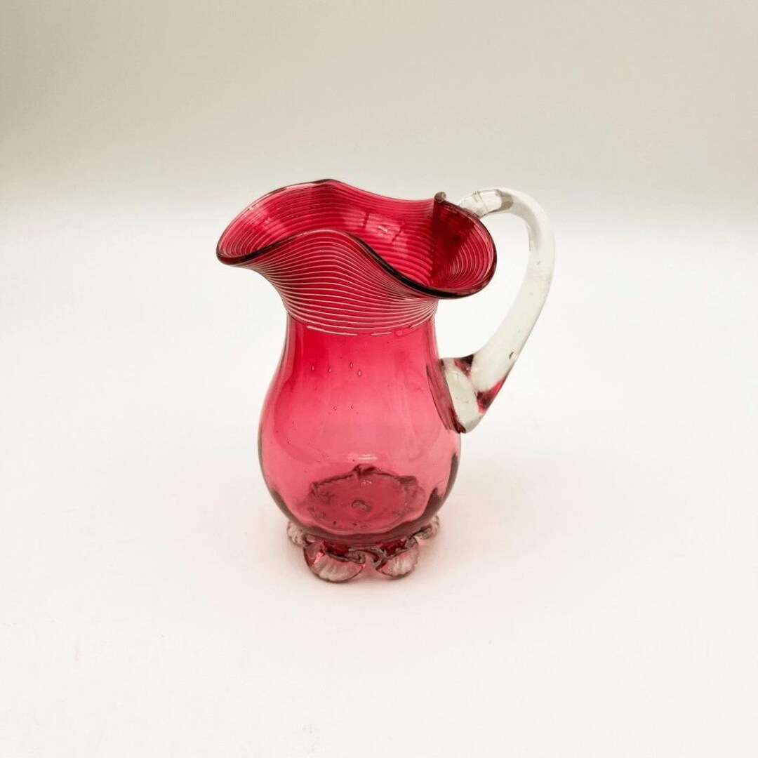 Vintage Nicholas Lutz Handblown Glass Pitcher, Cranberry Red With White ...