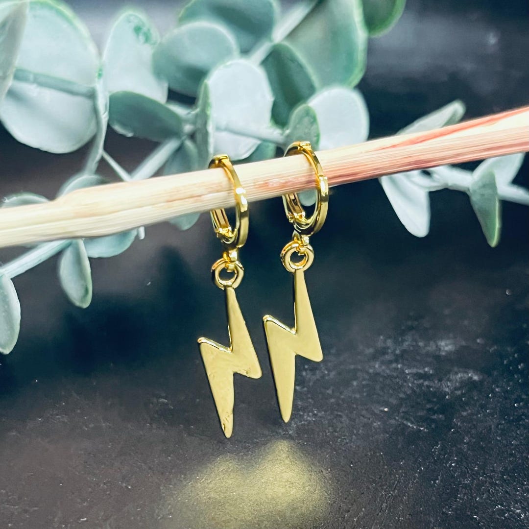 Storm God Lightning Bolt Huggie Hoop Earrings | Yellow Gold Plated ...
