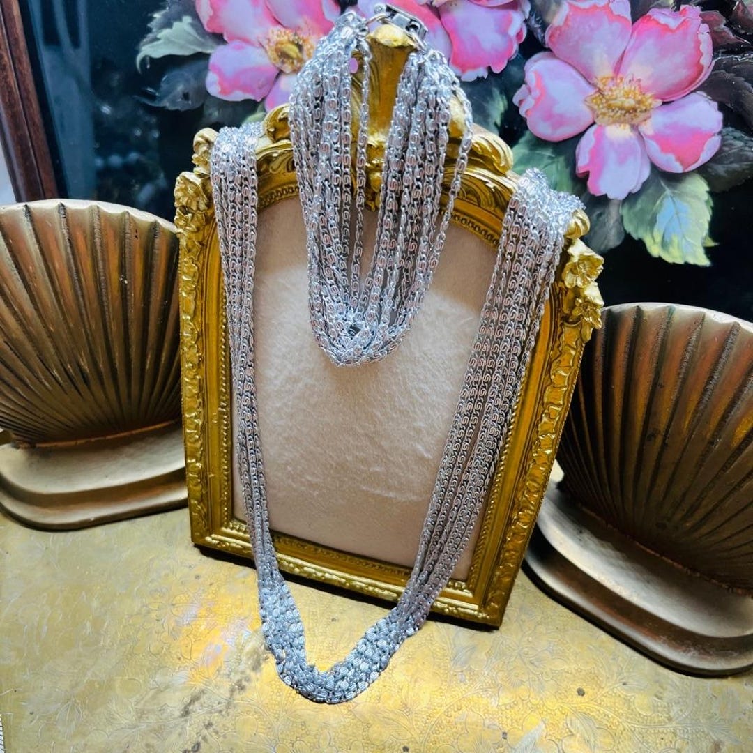 Vintage Signed Celebrity Jewelry Set Necklace and Bracelet Silver Toned ...
