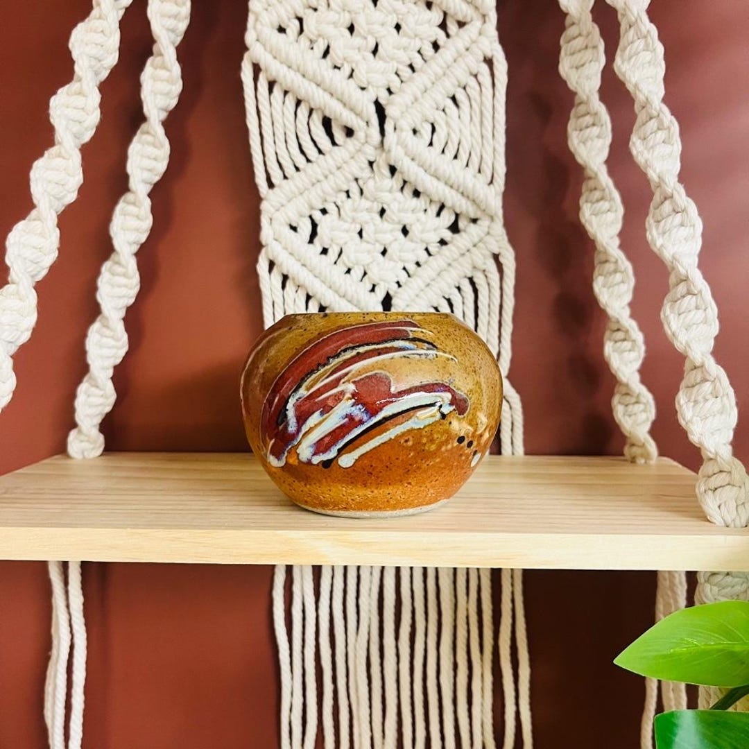 Blue Moon Pottery Small Round Vase Metal Flower Frog Brown Multicolor ...