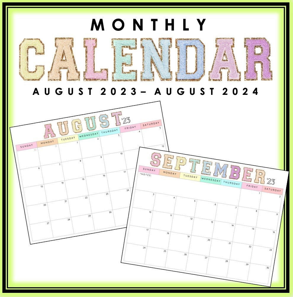 Printable Monthly Calendar August 2023 August 2024 - Etsy