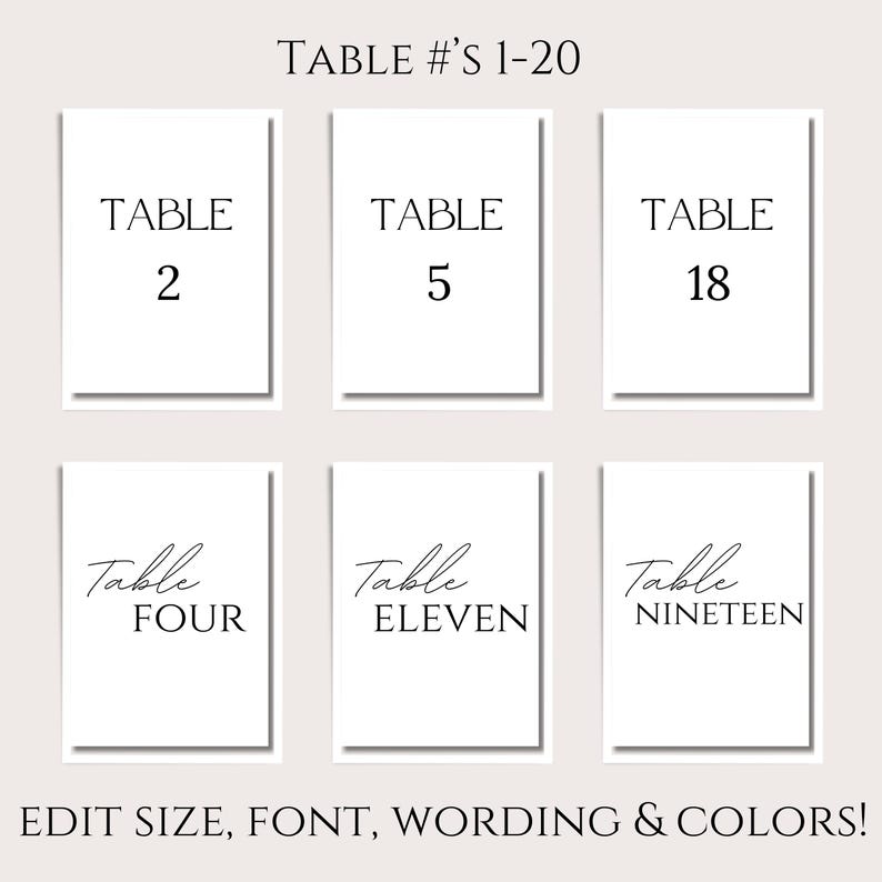 Modern Wedding Table Number Template, Editable, Printable, Minimalist ...