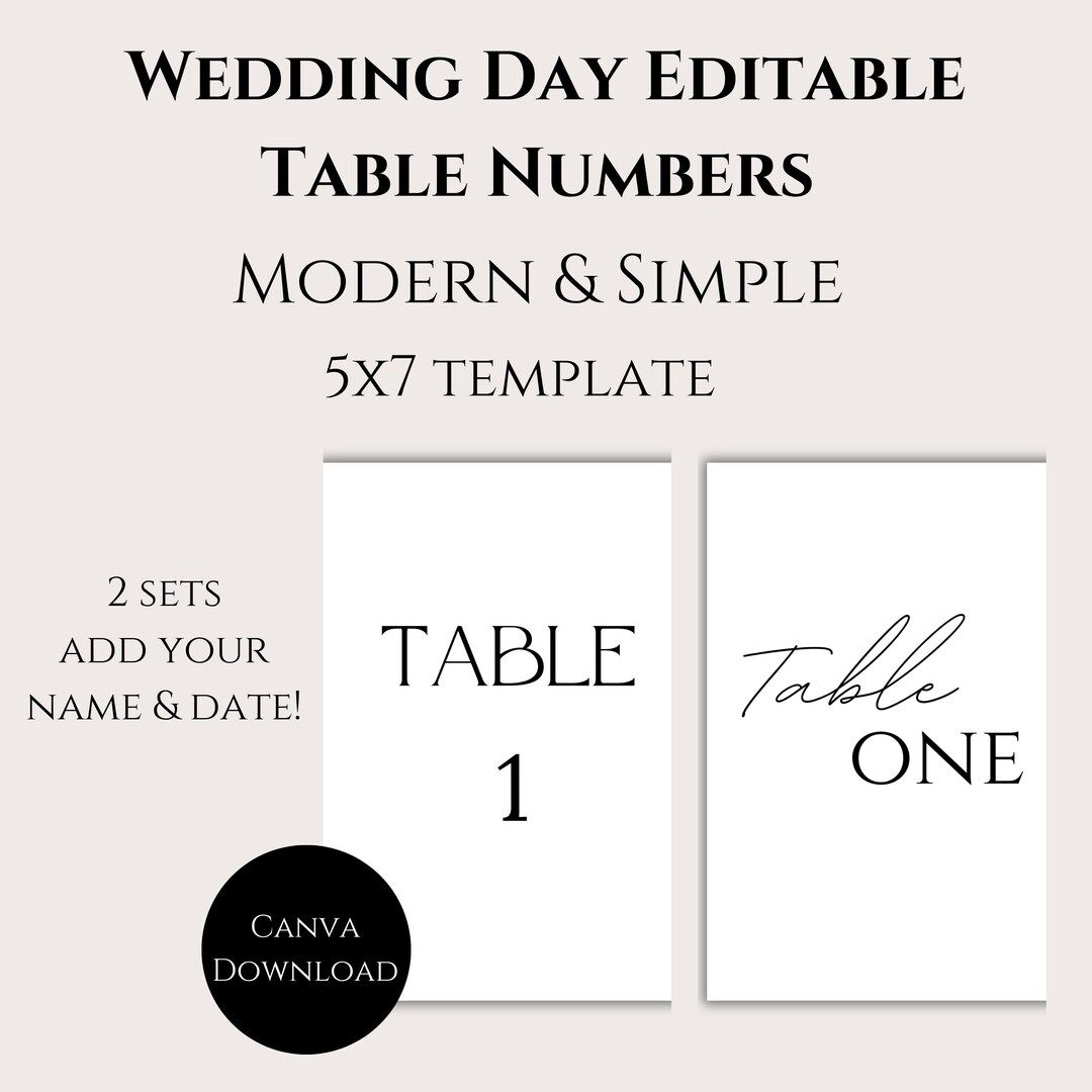 Modern Wedding Table Number Template, Editable, Printable, Minimalist ...