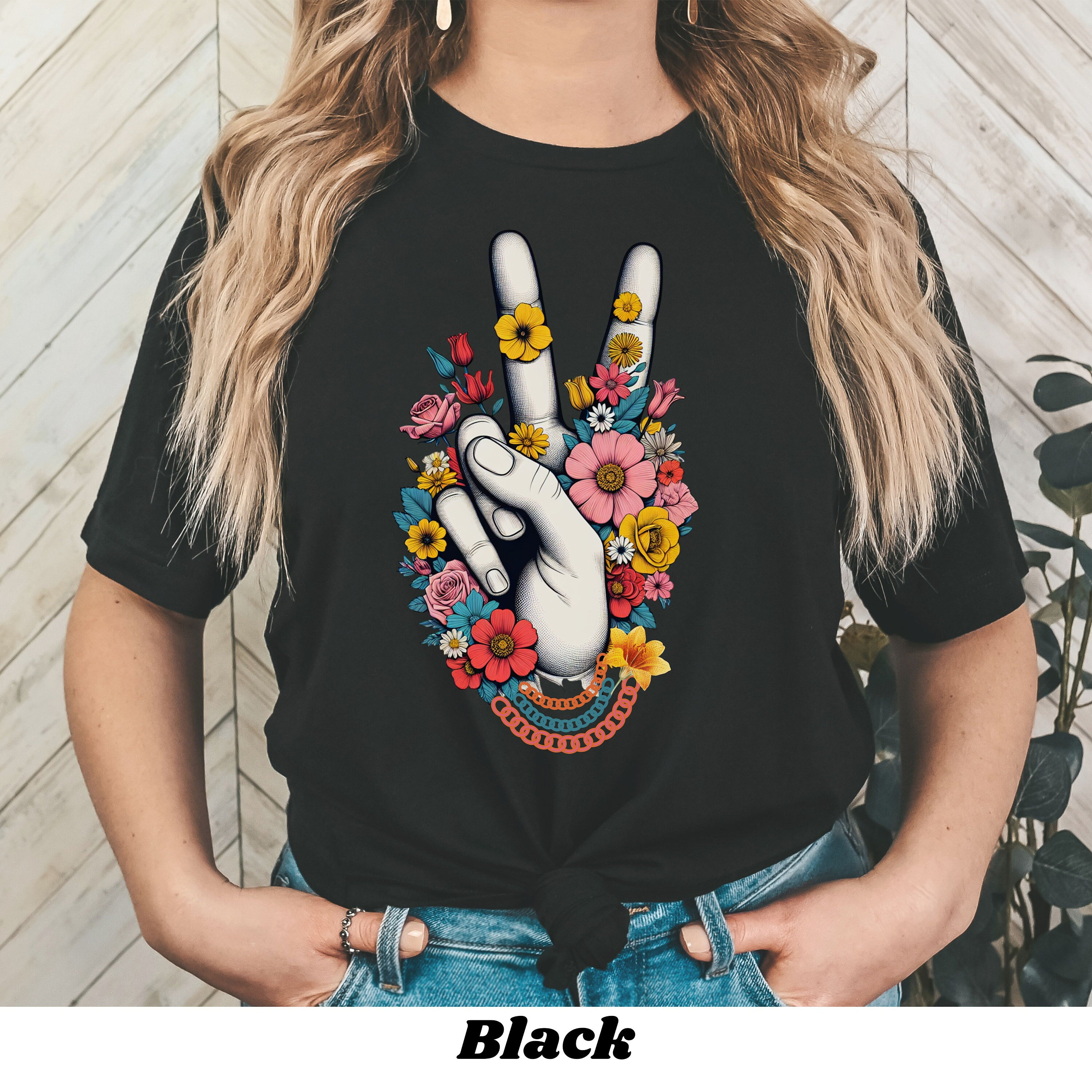 Boho Hippy Floral Hand Peace Sign T-shirt, Peace Love Wildflower Tee ...