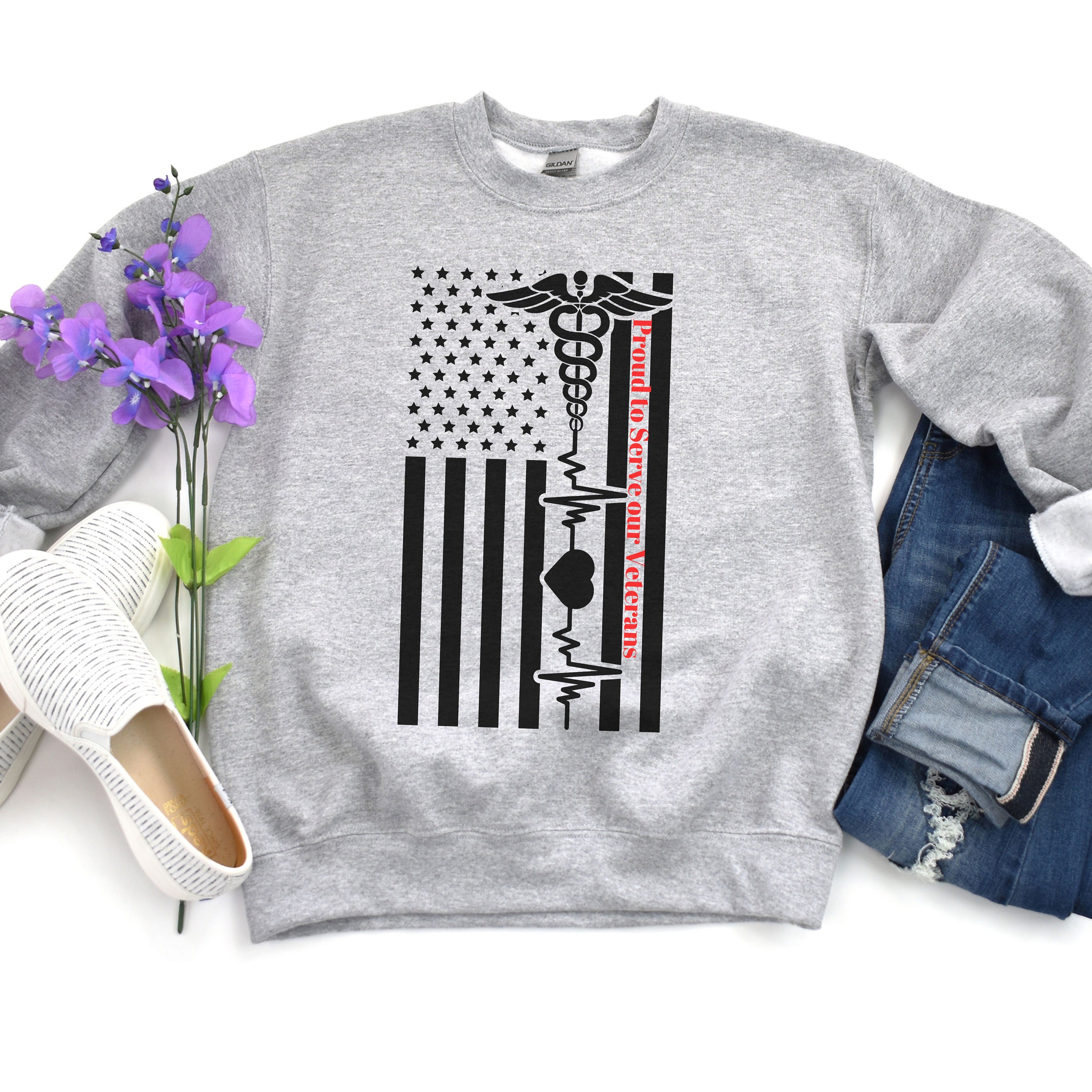 VA Nurse Patriotic American Flag Crewneck, Nurse Sweatshirt CNA ...