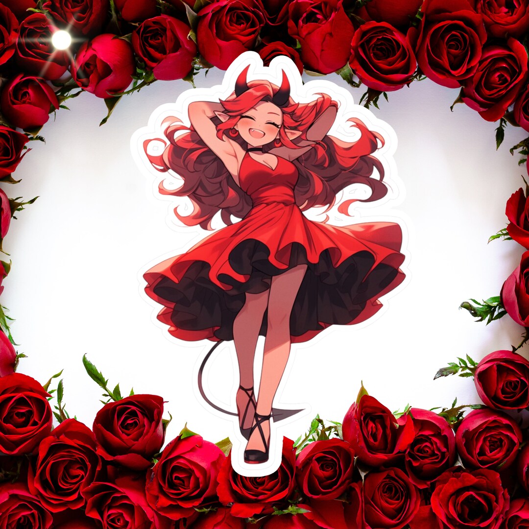Horned Demon Girl in Red Dress, Water-resistant Vinyl Sticker, Koi ...