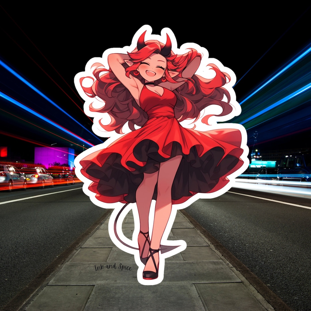 Horned Demon Girl in Red Dress, Water-resistant Vinyl Sticker, Koi ...