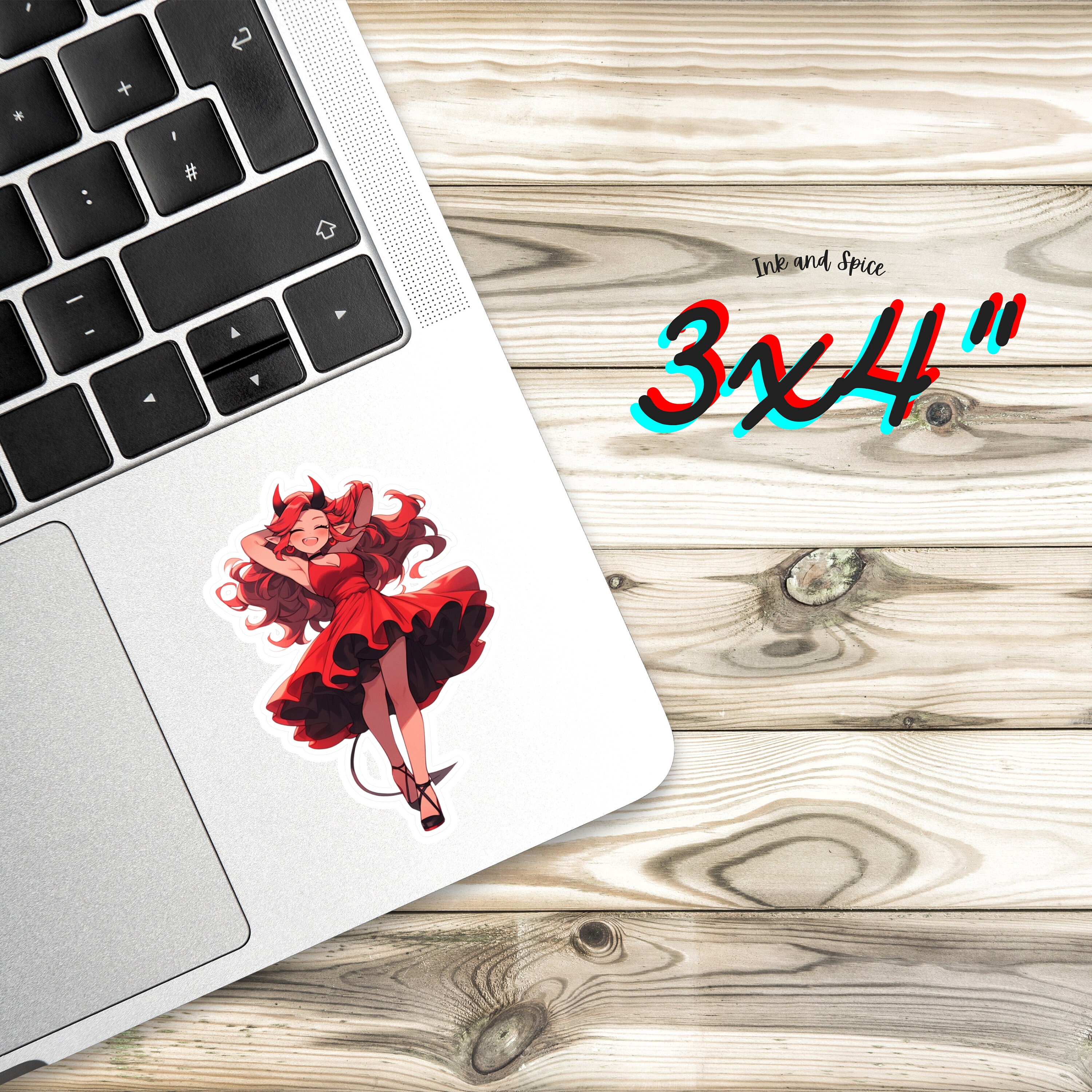 Horned Demon Girl in Red Dress, Water-resistant Vinyl Sticker, Koi ...