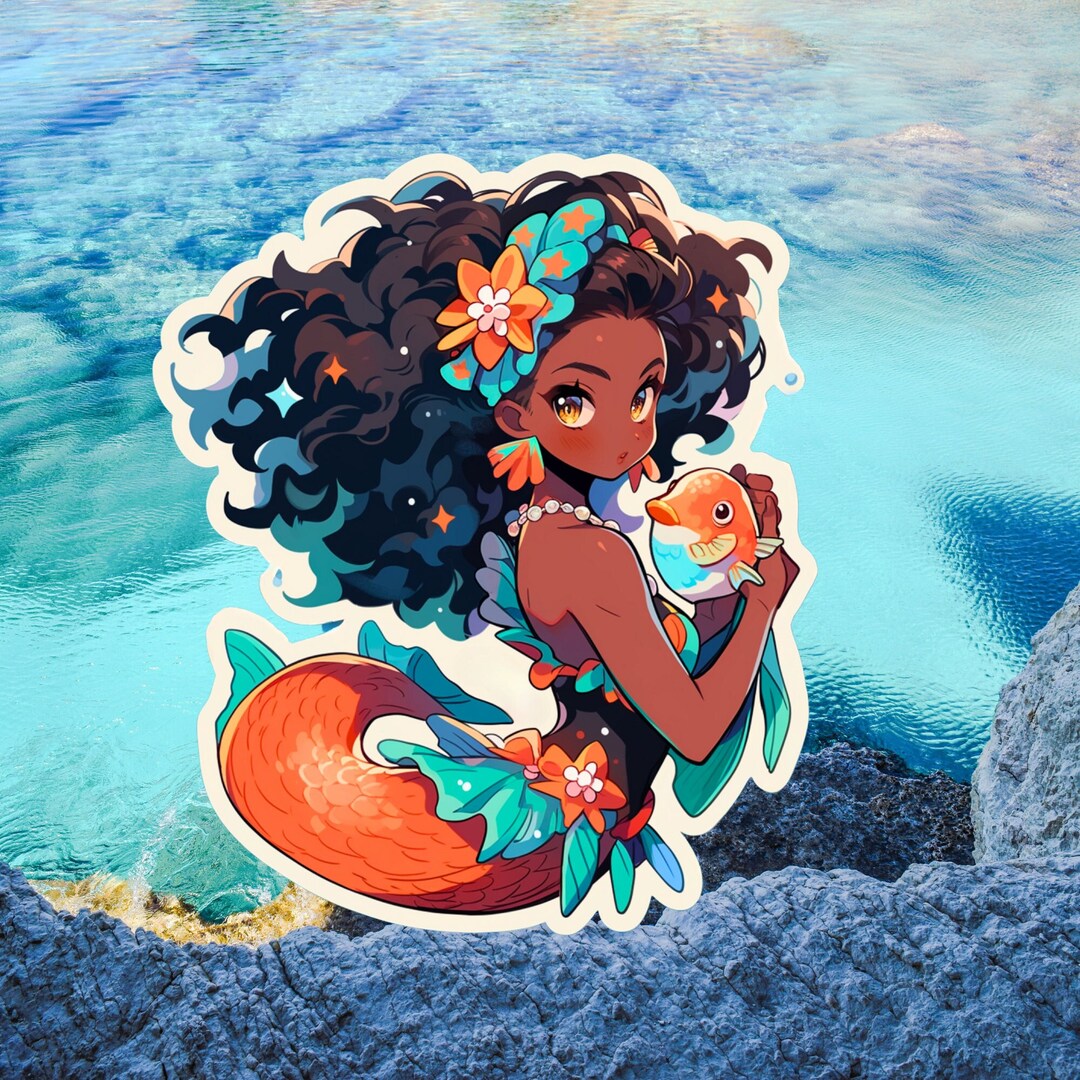 Glamorous Black Mermaid & Flounder, Water Resistant Vinyl Sticker ...