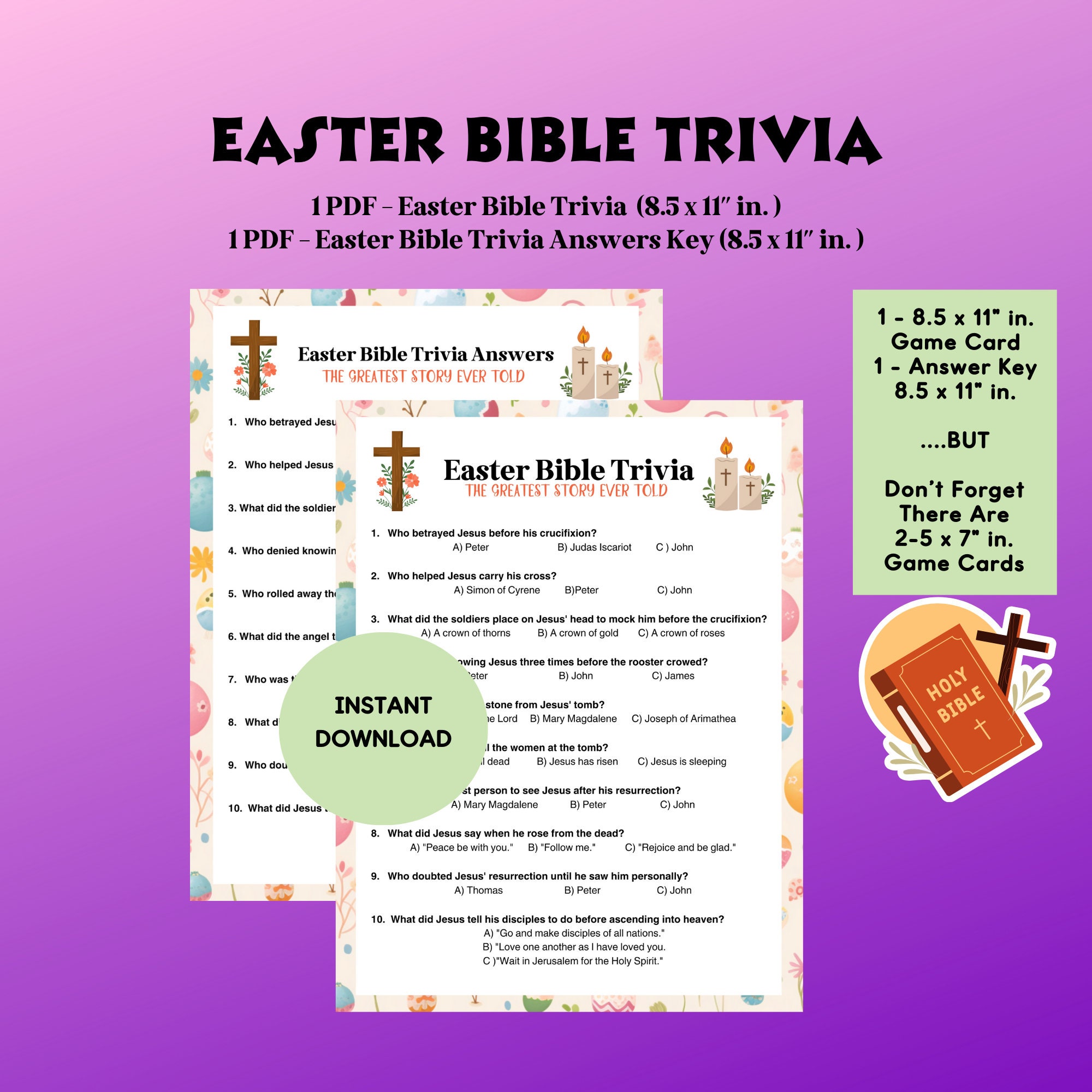 Easter Bible Trivia, Printable Easter, Adults and Kids, Bible Quiz ...